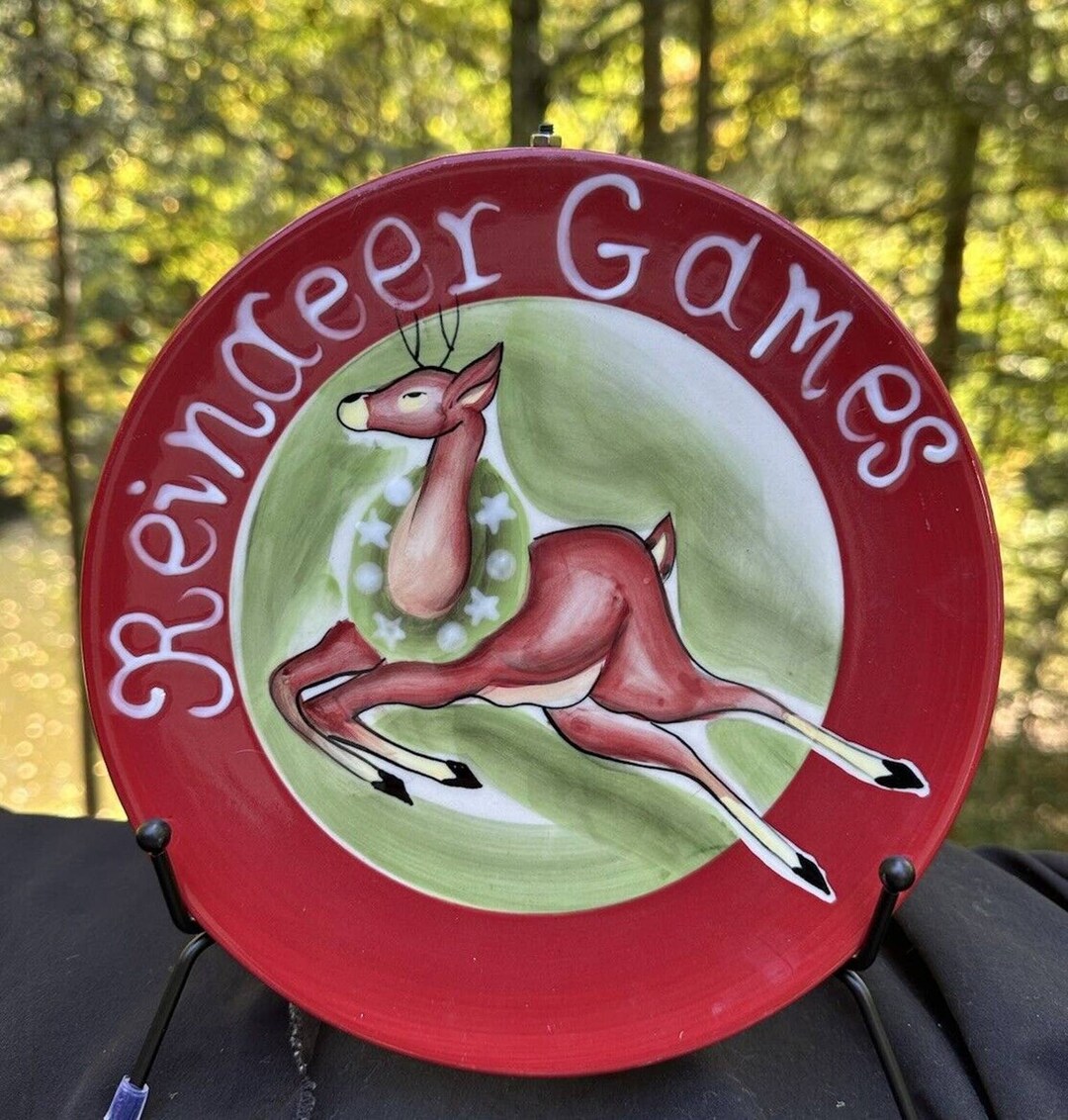 Vintage Fireside Christmas Reindeer Games Ceramic Red Plate Cute! S51 ...