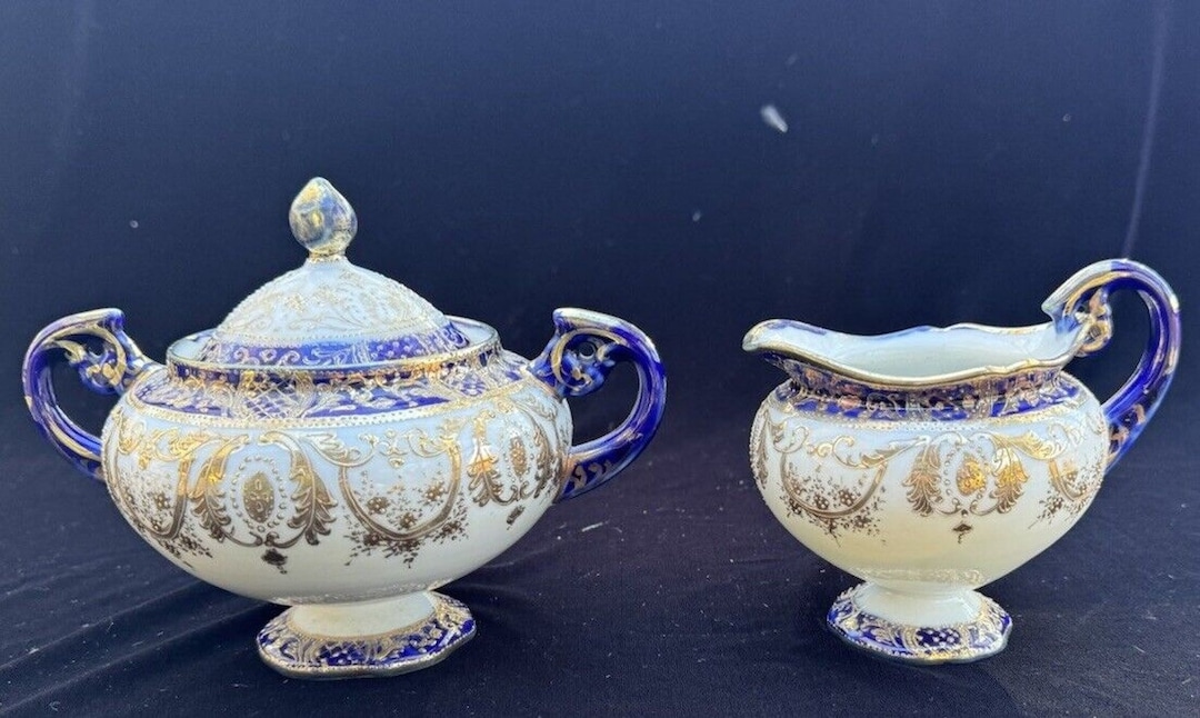 Stunning Antique Cobalt Blue Morimura Gumi Cream & Sugar Heavy Gold ...