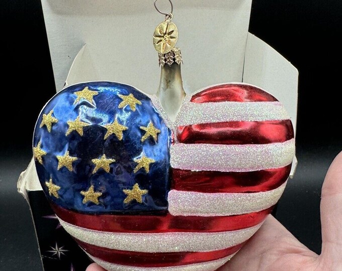 VTG Christoper Radko American Flag Blown Glass Ornament Brave Heart in ...