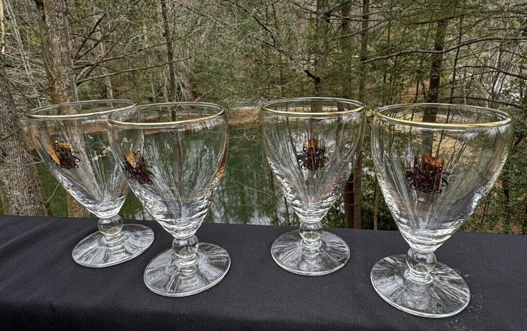 4 MCM Bar Cocktail Bar Glasses Vintage Gold Rimmed Eagle Mid Century ...