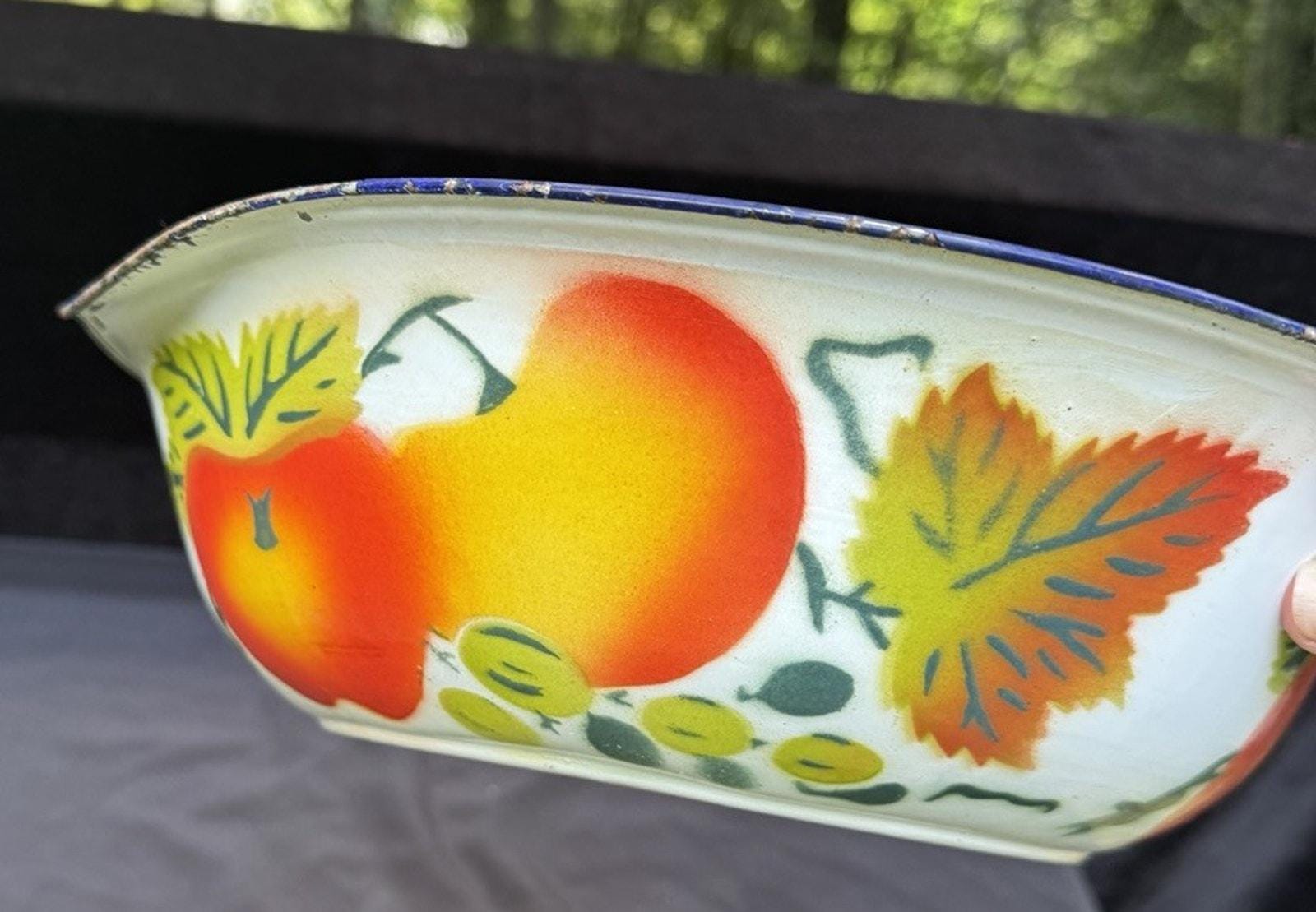 Vintage Enamelware Bowl MCM Mid Century Orange Fruit Kitsch Farmhouse ...