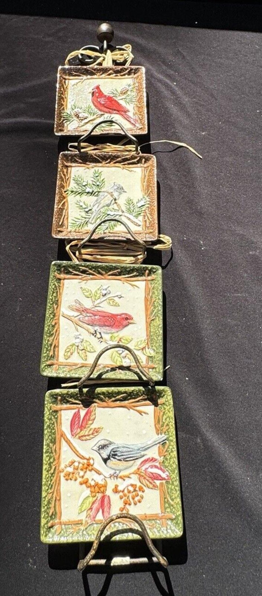 MWW Market SET 4 WOODLAND Birds 4.5 Mini Plates Square on Metal Hanger ...