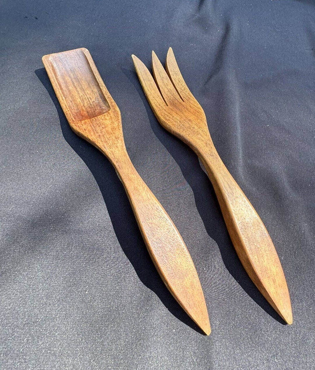 Mid Century Modern Solid Natural Walnut Wood Salad Servers 12” Stunning ...