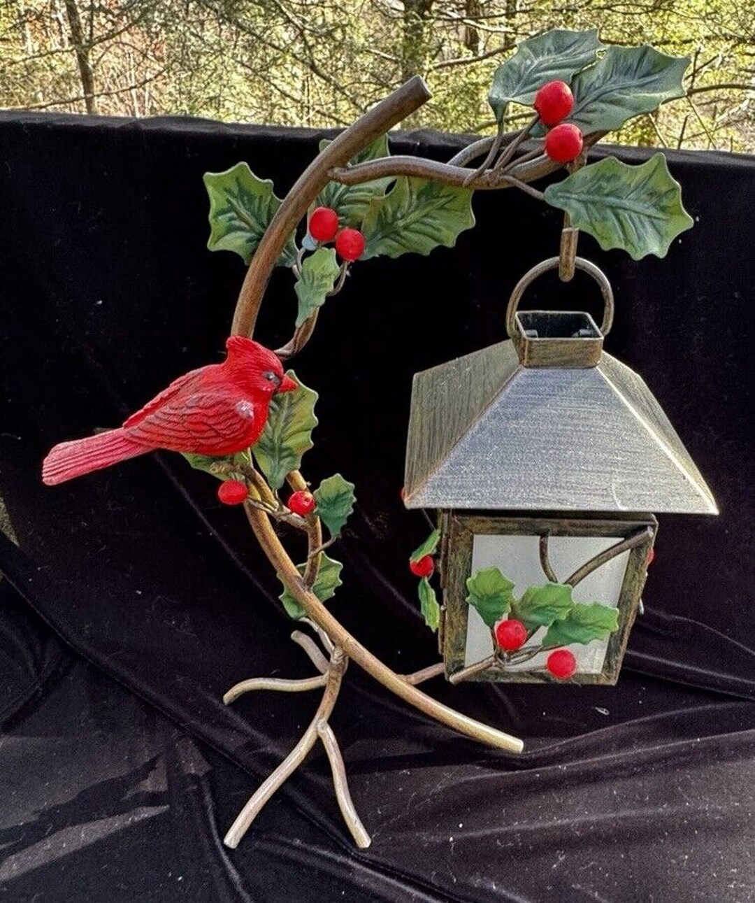 Metal Holly Branch Red Bird Cardinal & Hanging Lantern Holds Votive ...