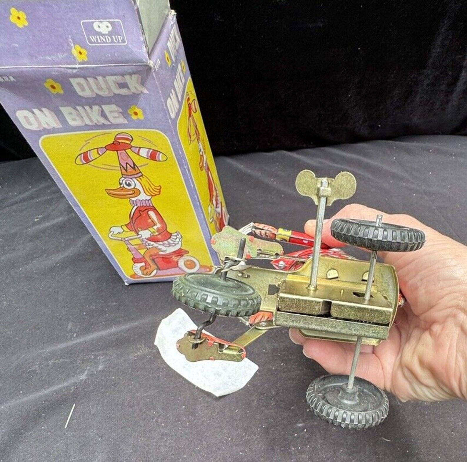 Vintage Tin Duck on A Bike Mechanical Wind up Toy Works Great!! Super ...