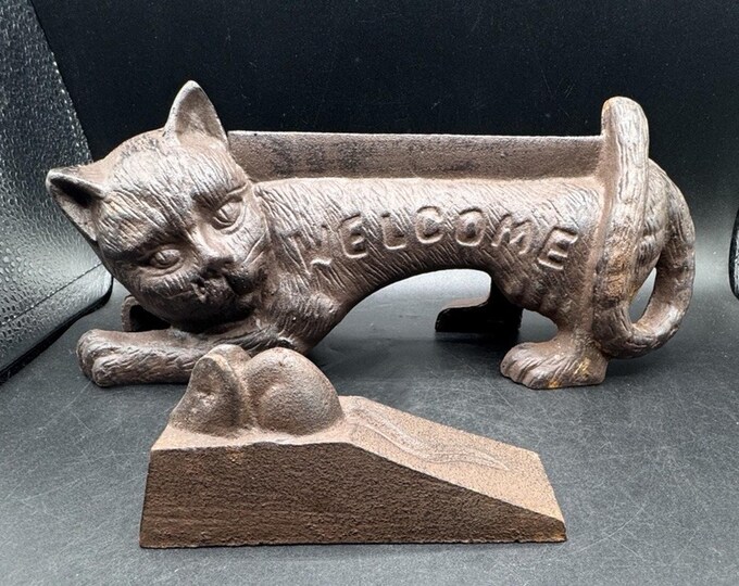 2 Vintage Cast Iron Cat Boot Scraper & Mouse Porch Door Stopper Wedge ...