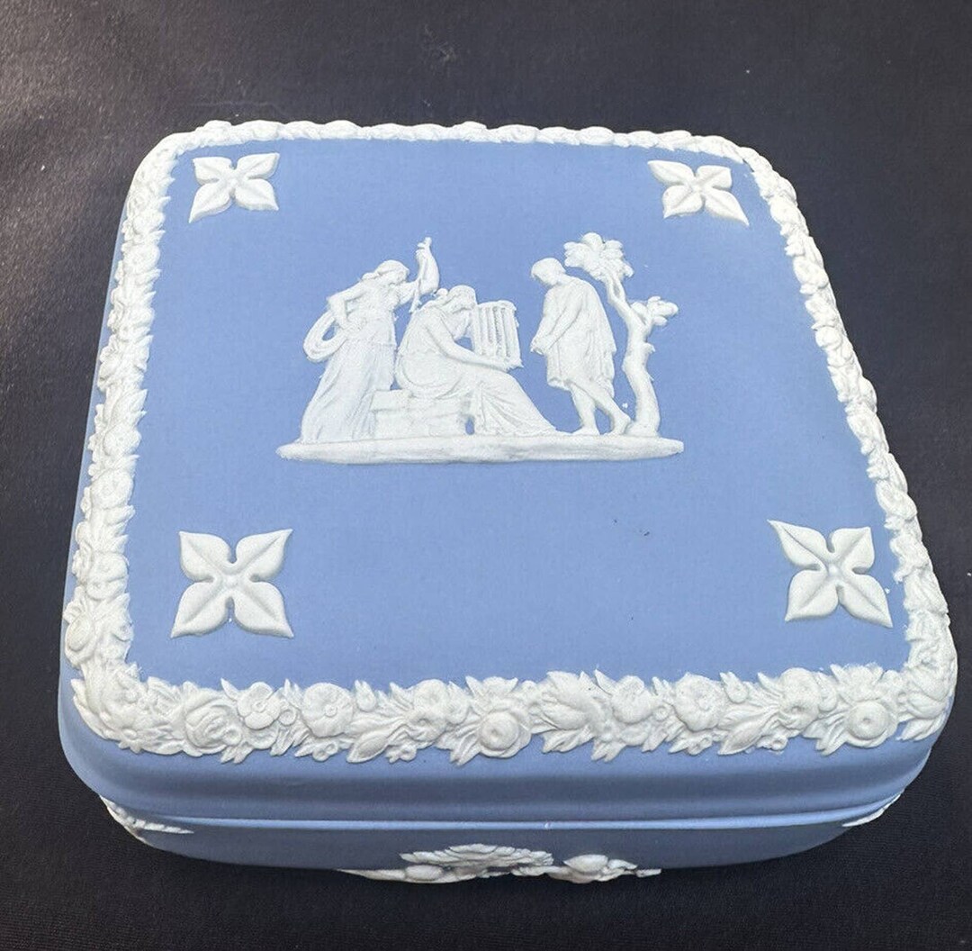 Vintage Wedgwood Pale Blue Jasper Ware Square Group Cage Trinket Box ...