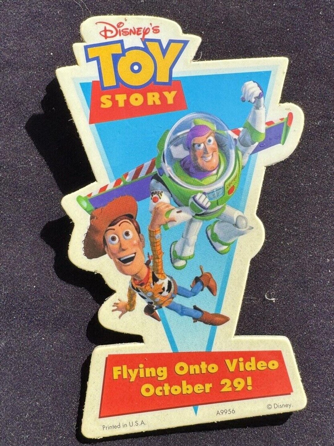 Disney's Toy Story Cardboard Movie Promo Button Pin Flying Onto Video ...