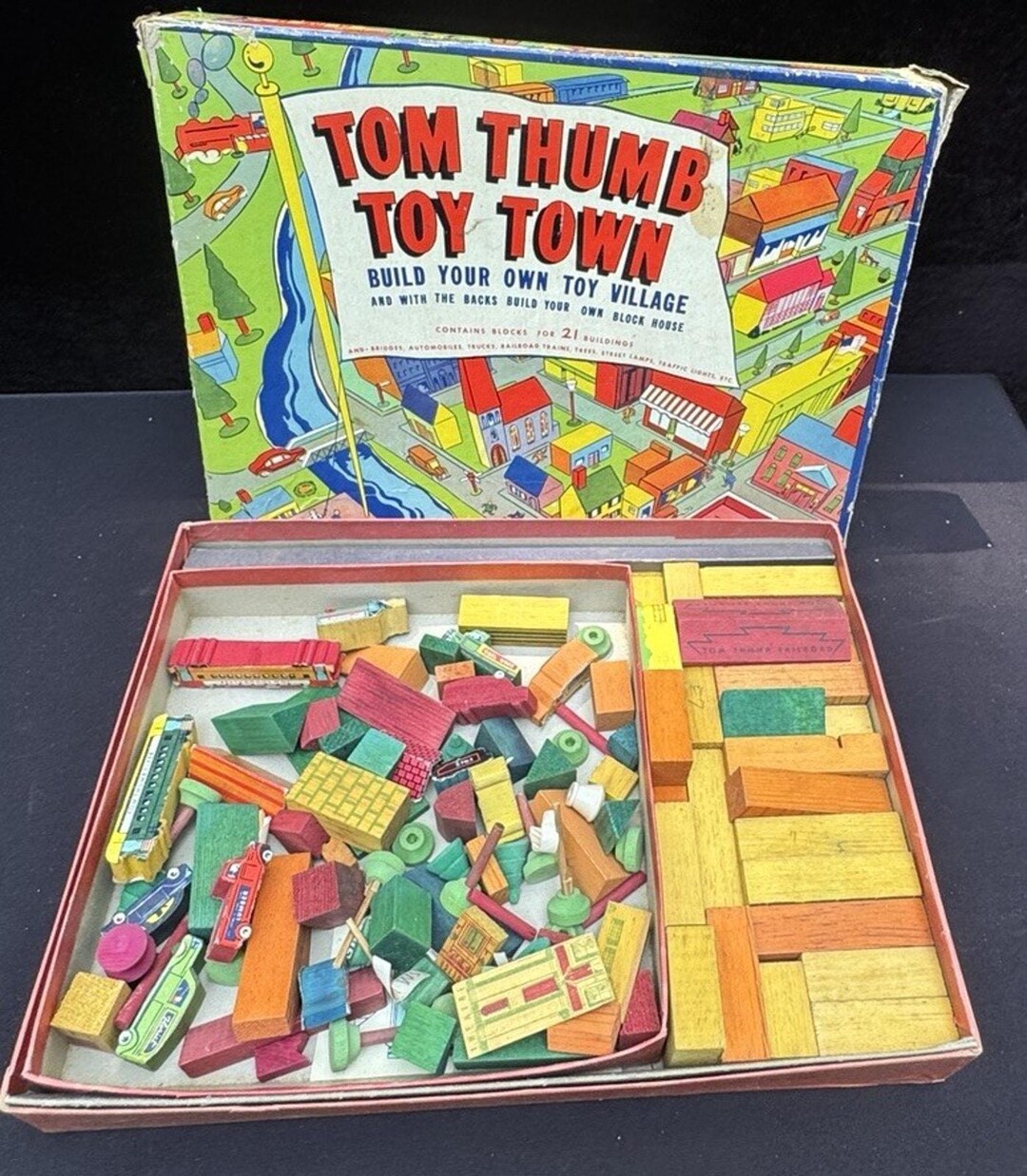 1937 TOM THUMB TOY Town Transogram Gold Medal Toy Wooden Blocks ...