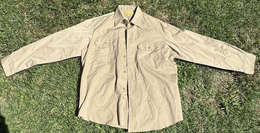 Vintage Men’s Sears Perma-prest Khaki Button-up Work Shirt Polycotton ...