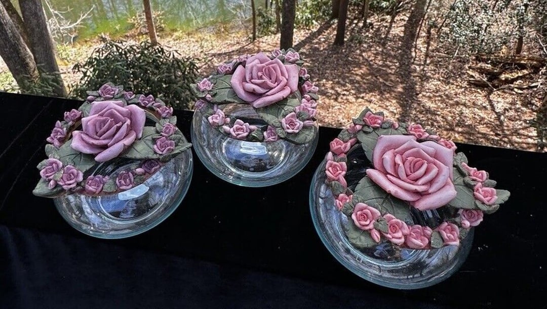 3 Rare Vintage Ganz Rose Flower Floral Top Glass Potpourri Clear Bowls ...