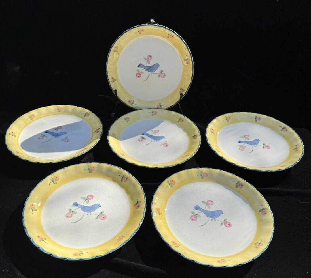 6 Normandy by Mann Salad Plates Hand Painted 1987 Yellow Blue Bird 8 ...