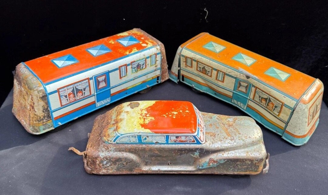 WOLVERINE 4 DOOR Sedan & 2 House Trailers Campers Litho Tin Restoration ...