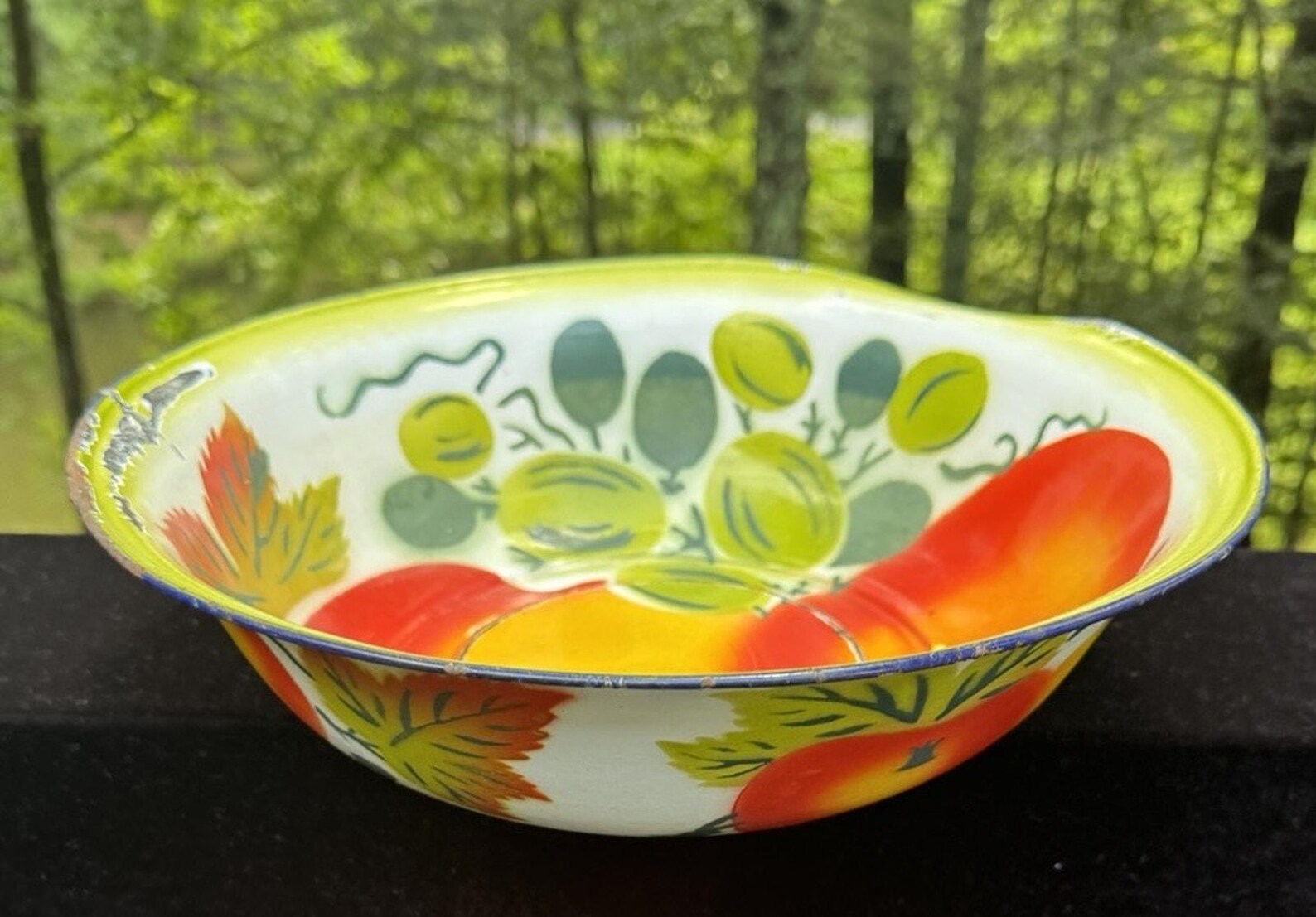 Vintage Enamelware Bowl MCM Mid Century Orange Fruit Kitsch Farmhouse ...