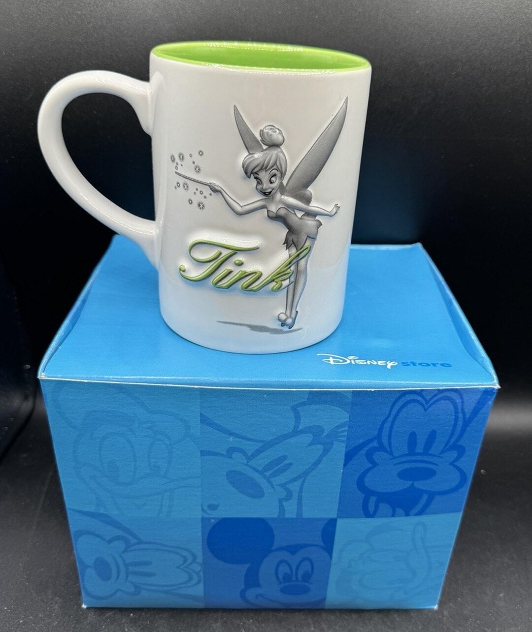 1990s New Disney Store Tinkerbell Coffee Mug Cup 3D Tink White Green ...