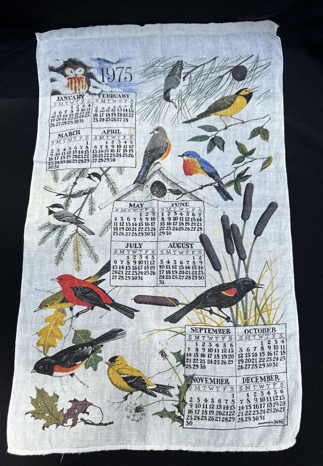 Vintage 100% Linen 1969 Calendar Tea Dish Towel Gene Klebe Birds by Kay ...