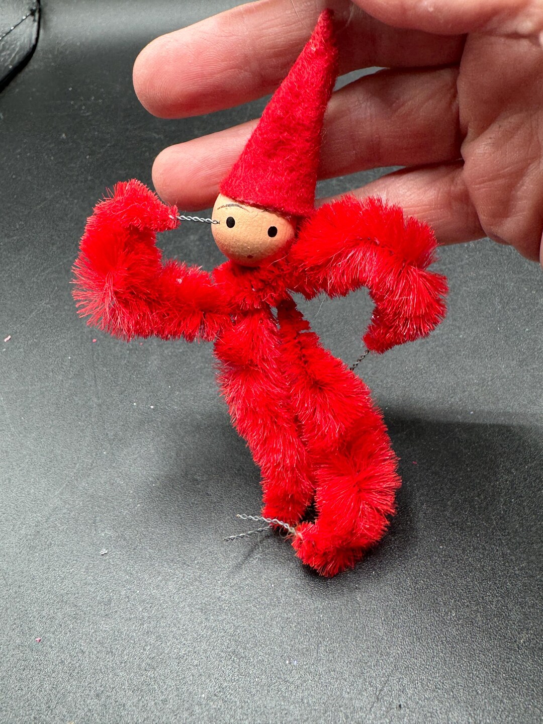 Vintage Elf Pipe Cleaner Christmas Tree Ornament Red With Wood Face ...