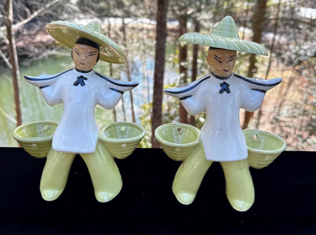 Vintage Set 2 Asian Ceramic Figurine Carrying Water Buckets Occupied ...