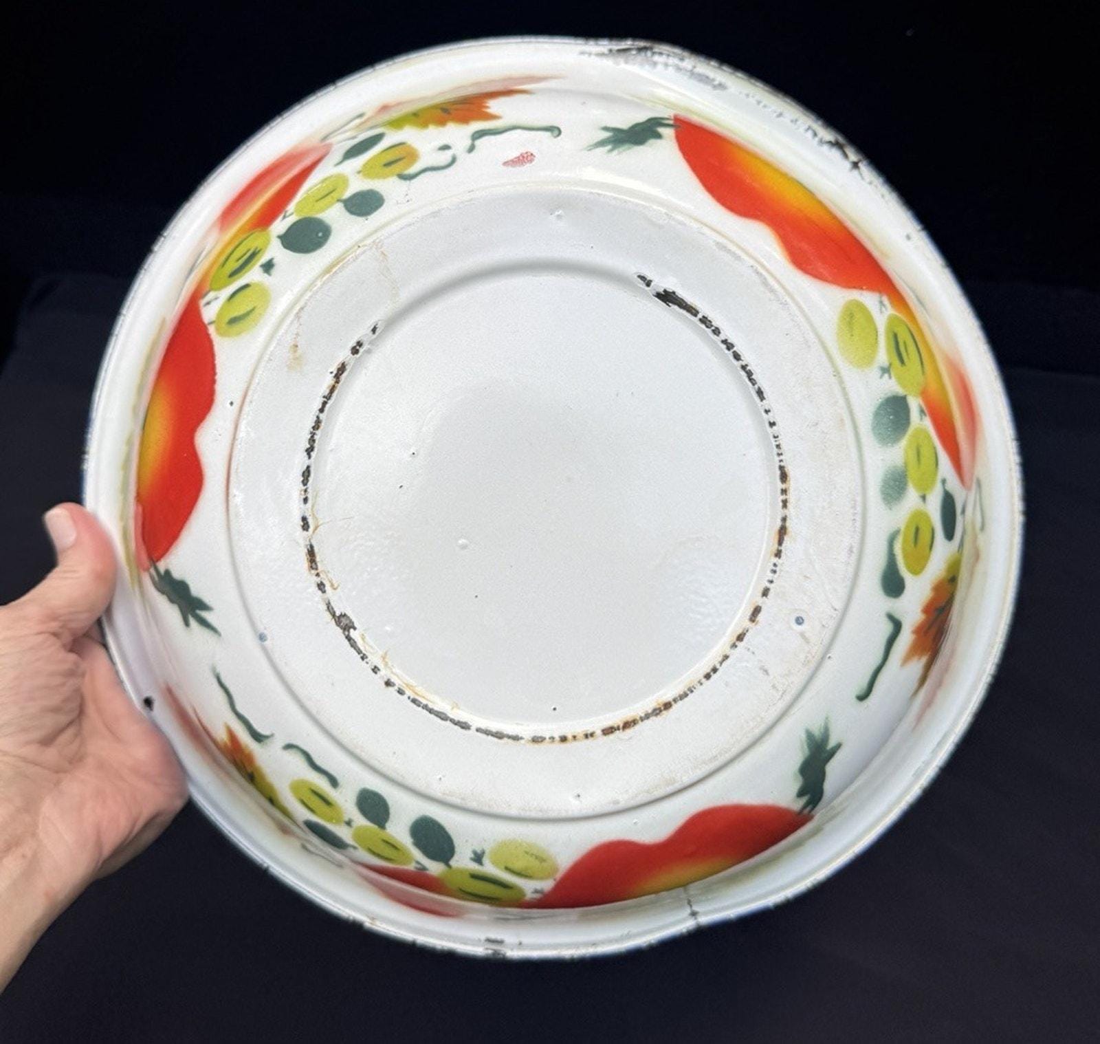 Vintage Enamelware Bowl MCM Mid Century Orange Fruit Kitsch Farmhouse ...