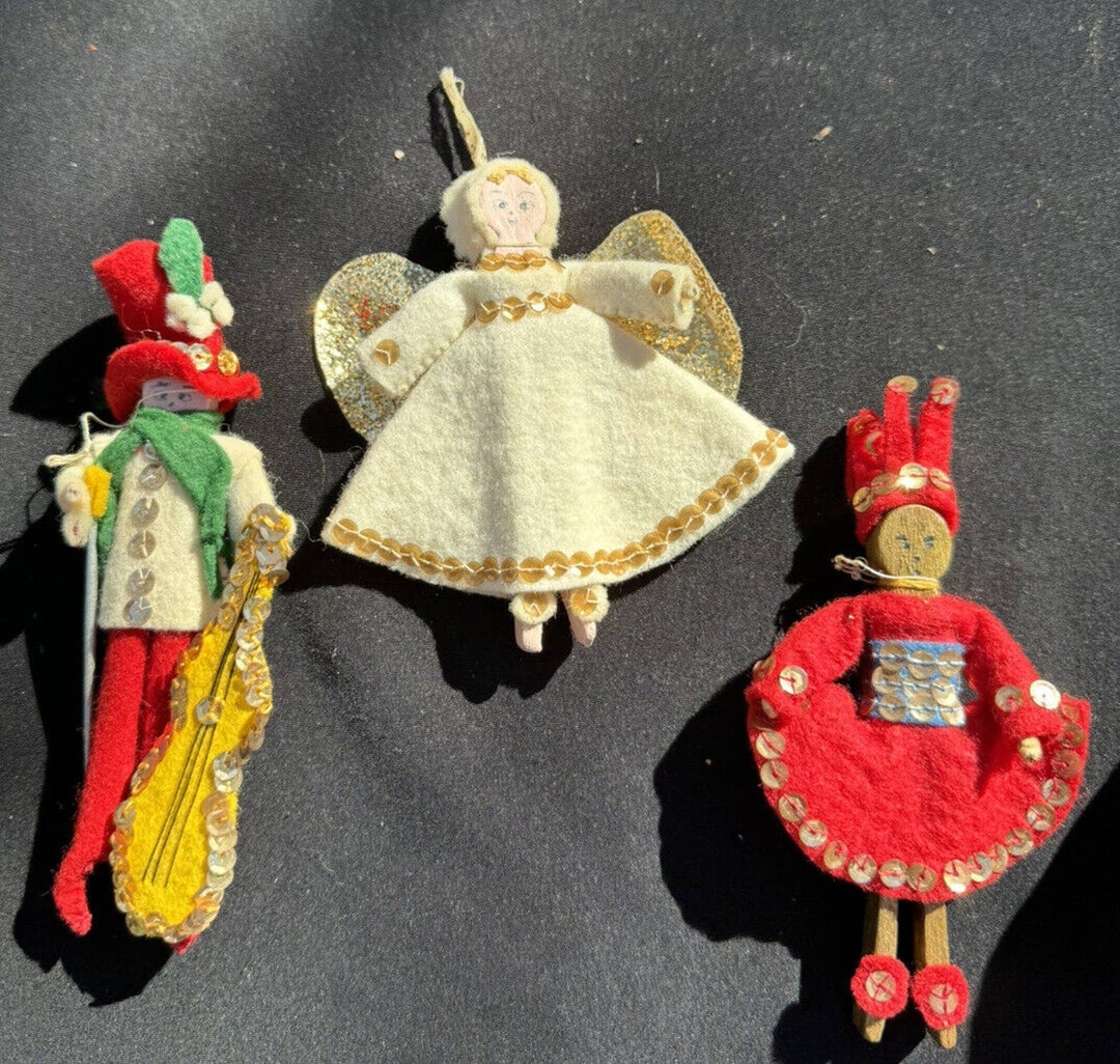 3 Vintage Christmas Ornaments Clothespin Felt Sequin Glitter Super Cute! S82 - Etsy