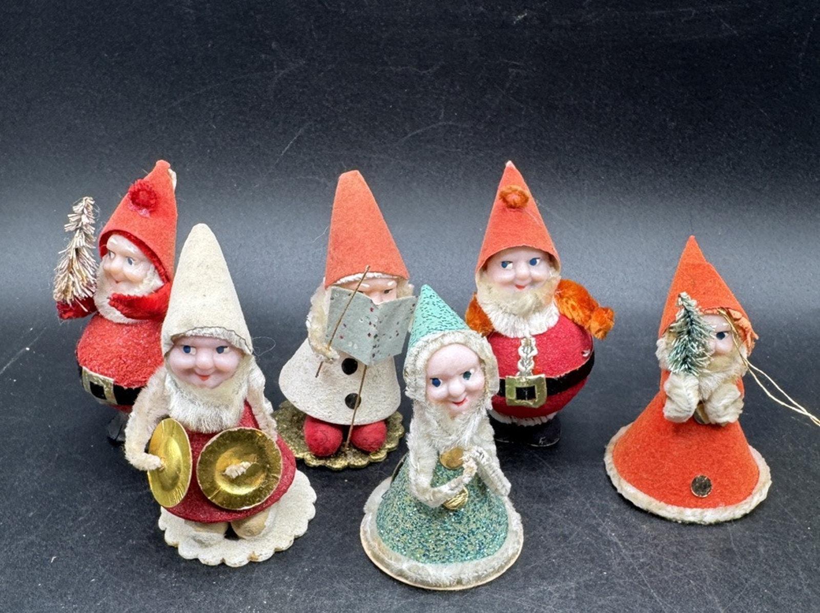 6 Rare Shiny Brite Chenille Pipe Cleaner Christmas Elf Santa Ornaments ...