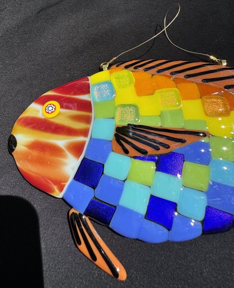 Colorful Floating Fish Fused Art Glass Handmade Plaque Signed! -A53 2 ...