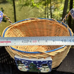 Snowman Christmas Tree Wicker Basket Porcelain Handles Blue Holiday ...
