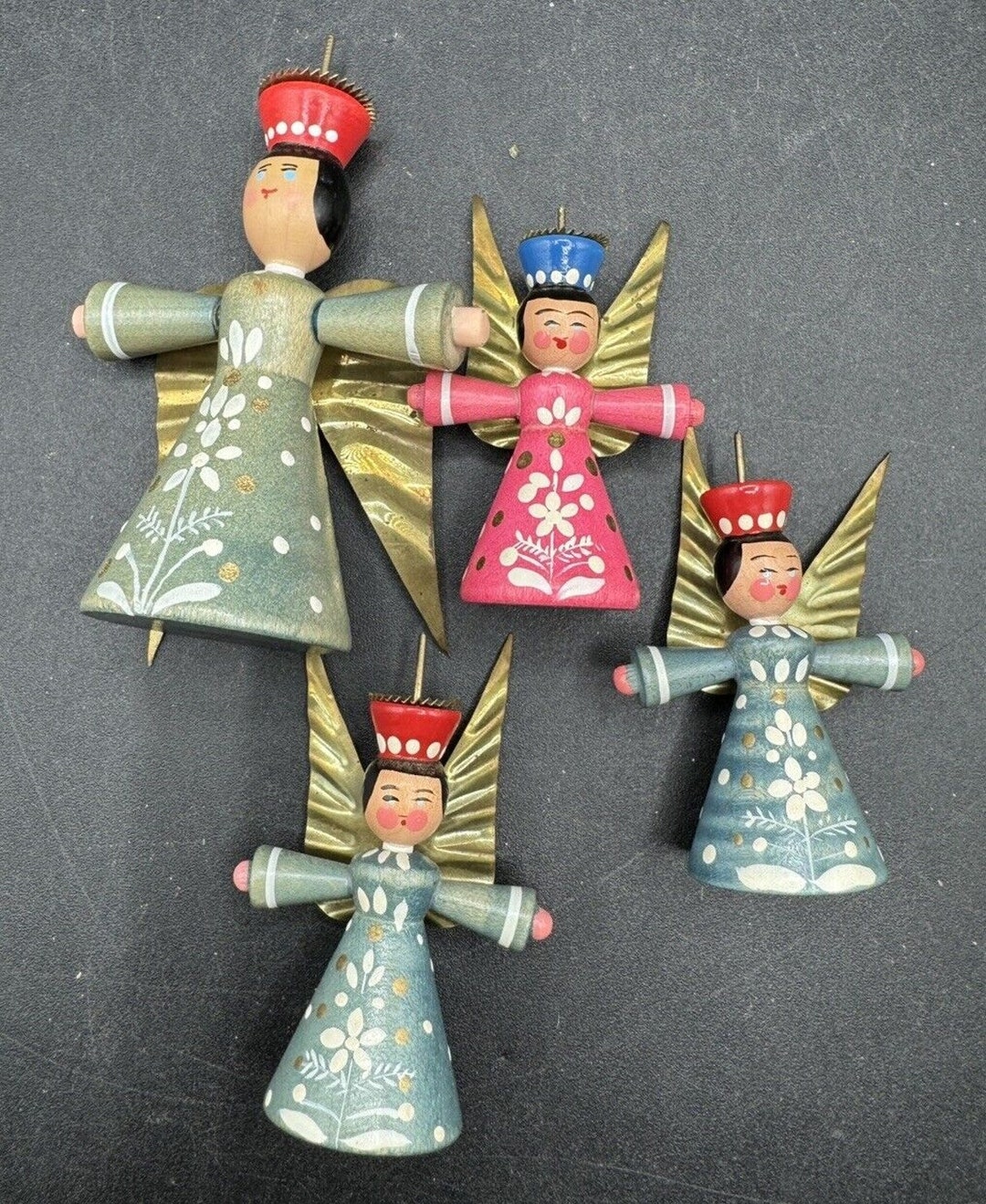 4 Antique German Erzgebirge Putz Village Hand Carved Angels Metal Wings ...