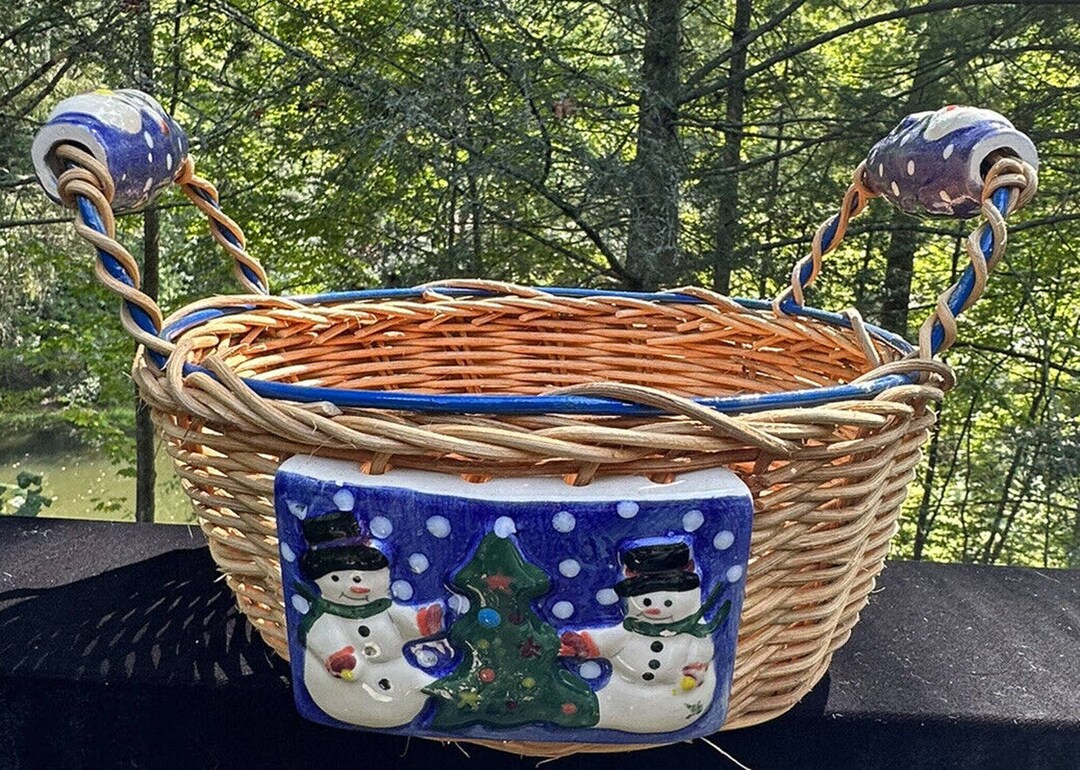 Snowman Christmas Tree Wicker Basket Porcelain Handles Blue Holiday ...