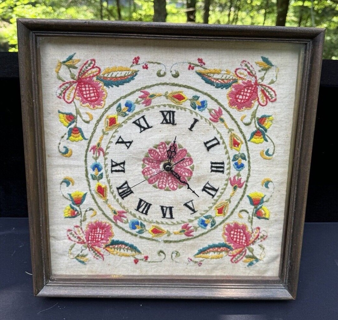 Rare Embroidery Shadow Box Wall Clock Folk Art Floral Cottage Country ...
