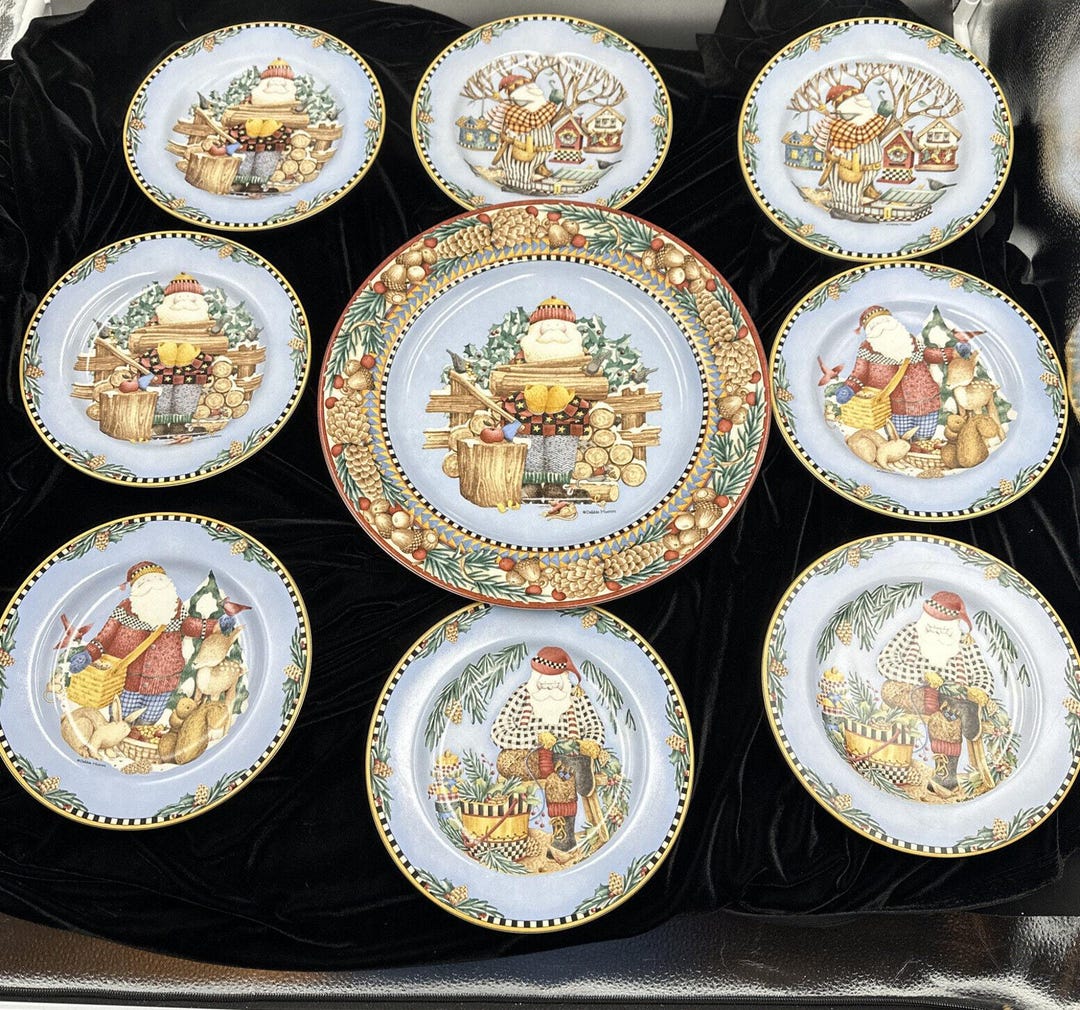 Lot of 9 Debbie Mumm Woodland Santa Plates & Platter Christmas Winter ...
