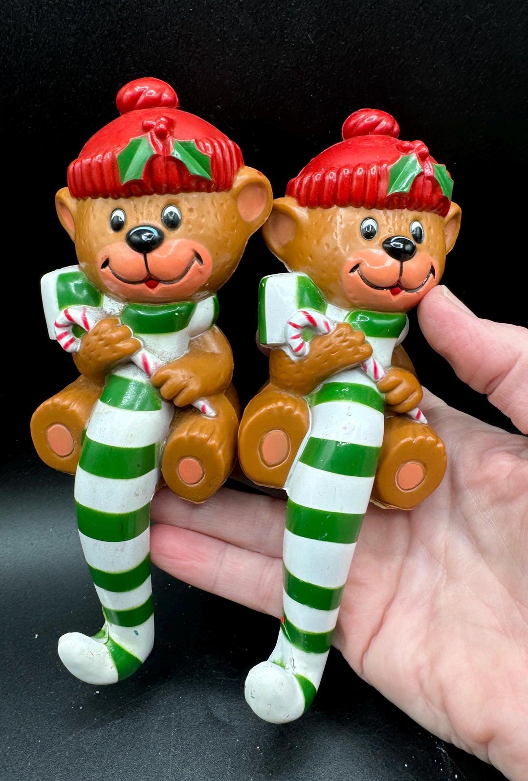 2 Vintage 1982 Holiday Teddy Bear Candy Cane Christmas Stocking Hanger ...
