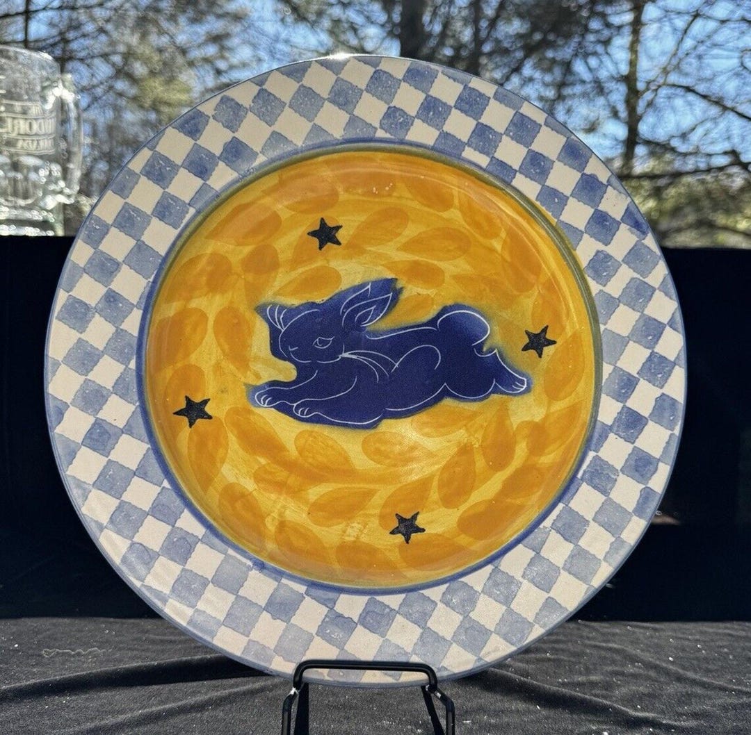 LASSER CERAMICS 12" Blue Art Pottery Plate Running Rabbit & Checks ...