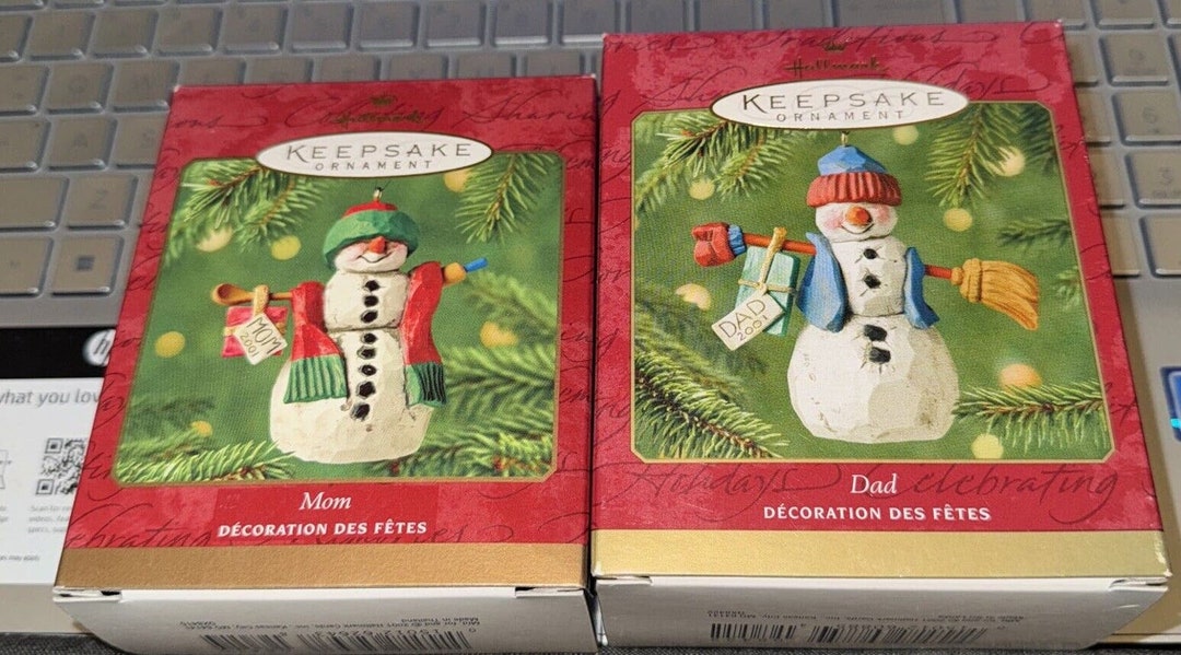 Brand New! Hallmark 2001 Family Ornaments Snowman MOM & DAD Carved ...