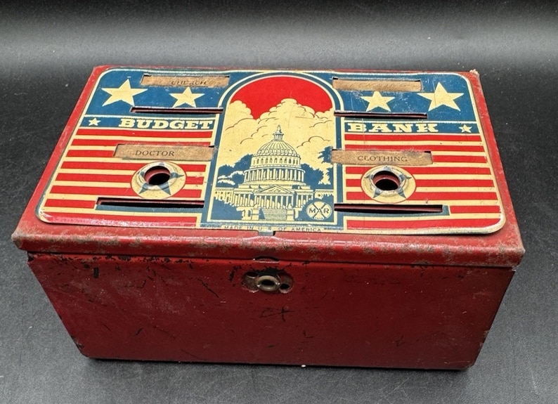 Vintage 1940s Marx Budget Coin Bank Steel Litho US Capital USA With Key ...