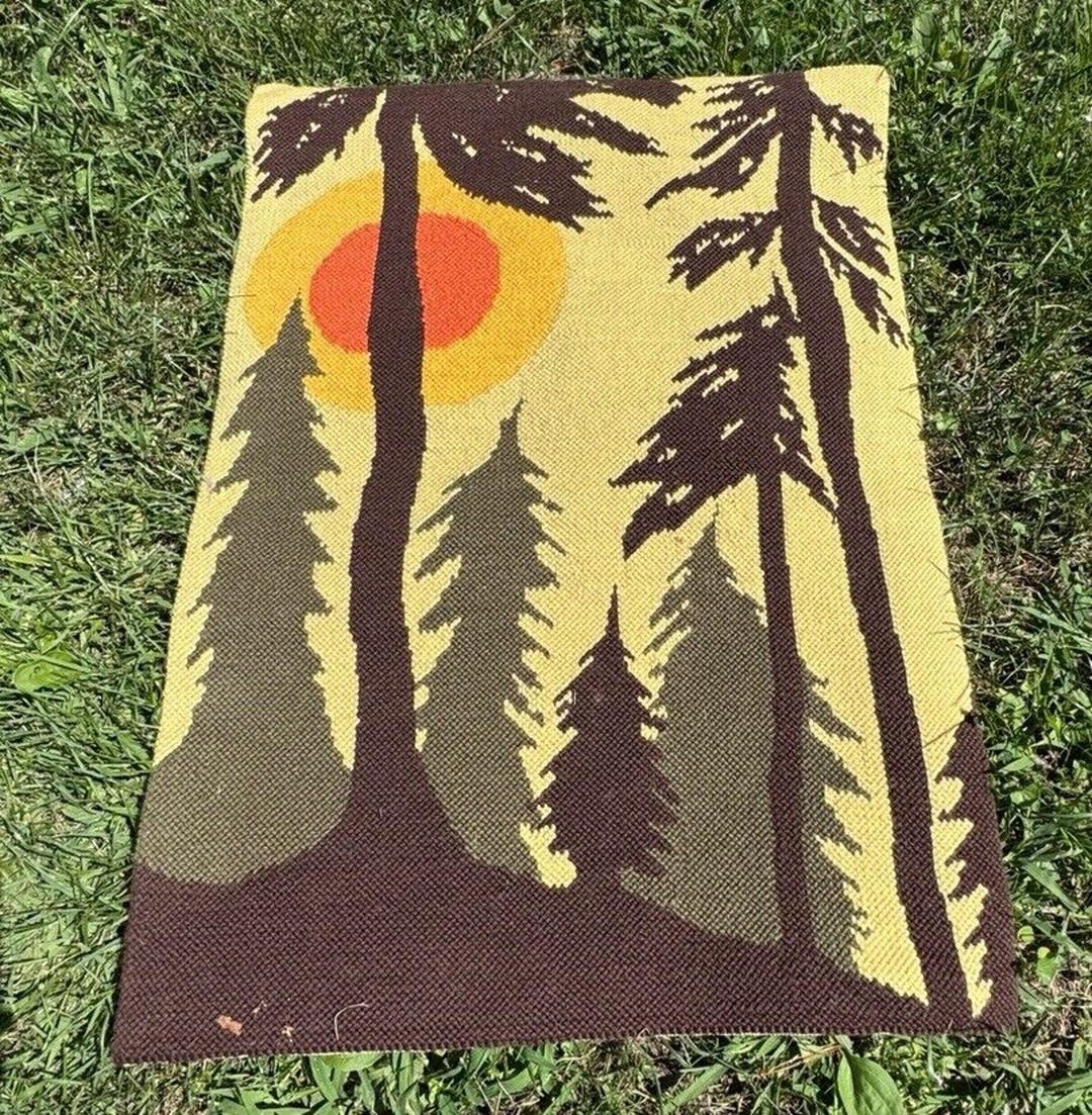 Vtg 60s MCM RYA Rug Mid Century Modern Forest Trees Sunset Orange Brown ...
