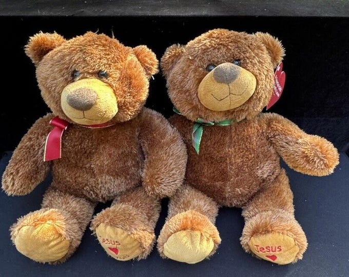 2 Adorable 14" Plush Brown Teddy Bear W/ Bows Family Christian JESUS ...
