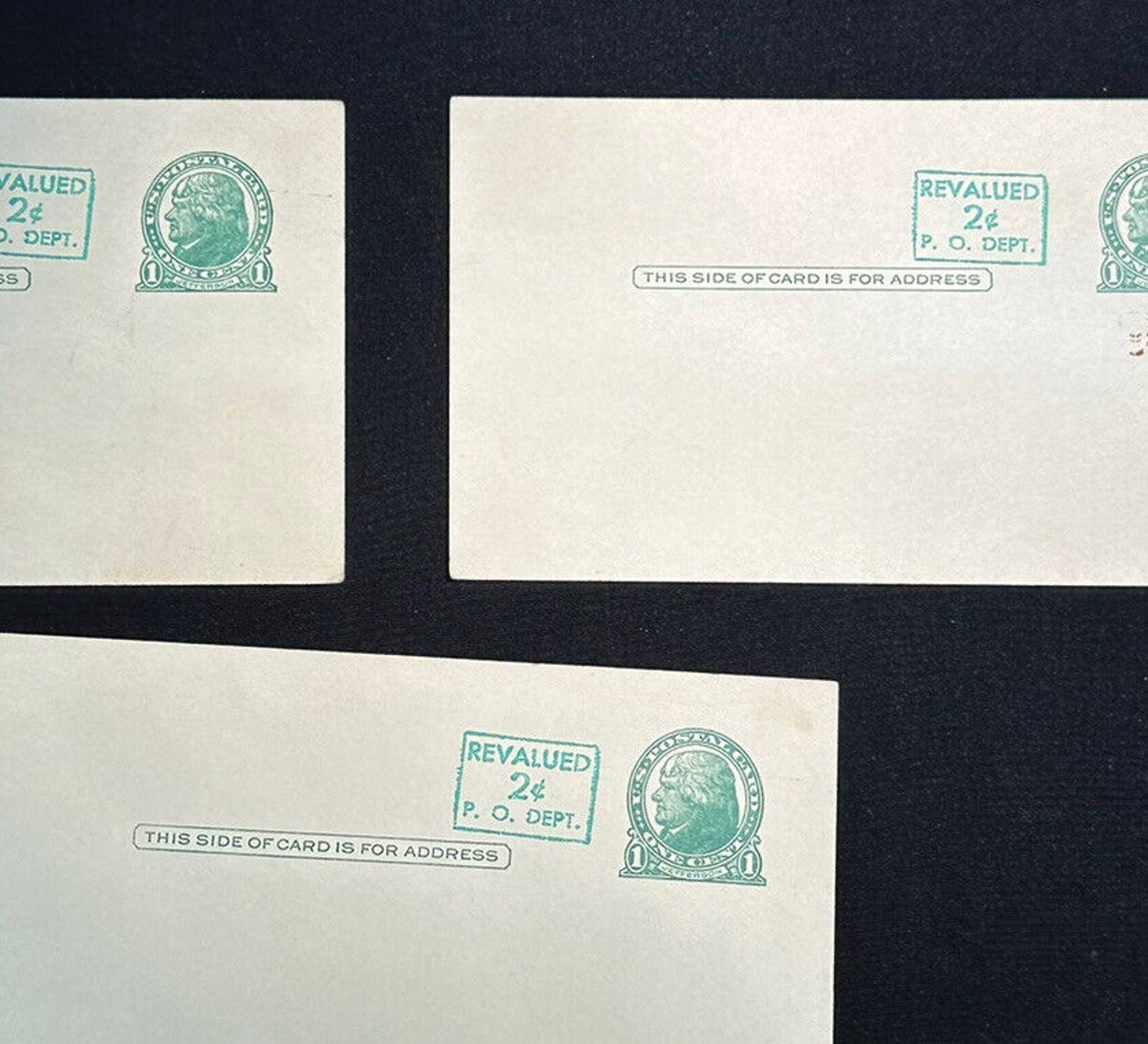 3 Vintage Postcard Unused 1 Cent Jefferson Revalued 2 Cent PO Dept ...