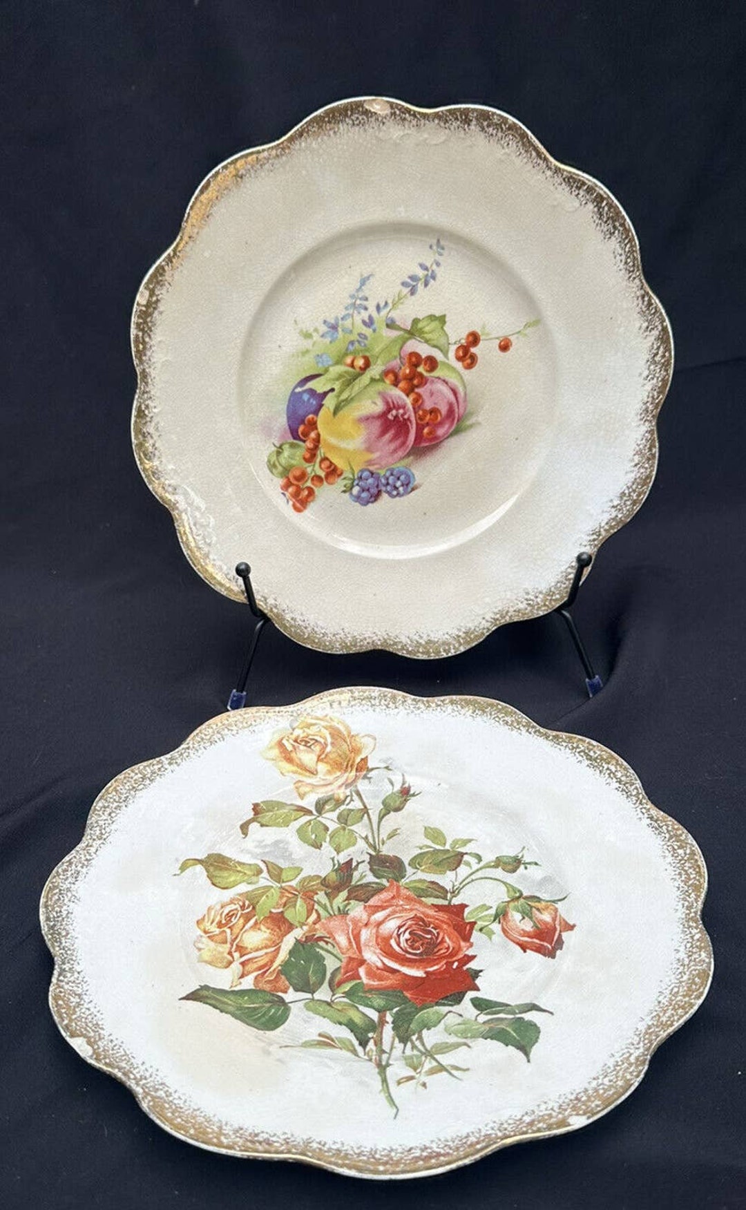 2 Stunning Gold Rim 1800s Harker Pottery Floral Semi Porcelain Plates ...