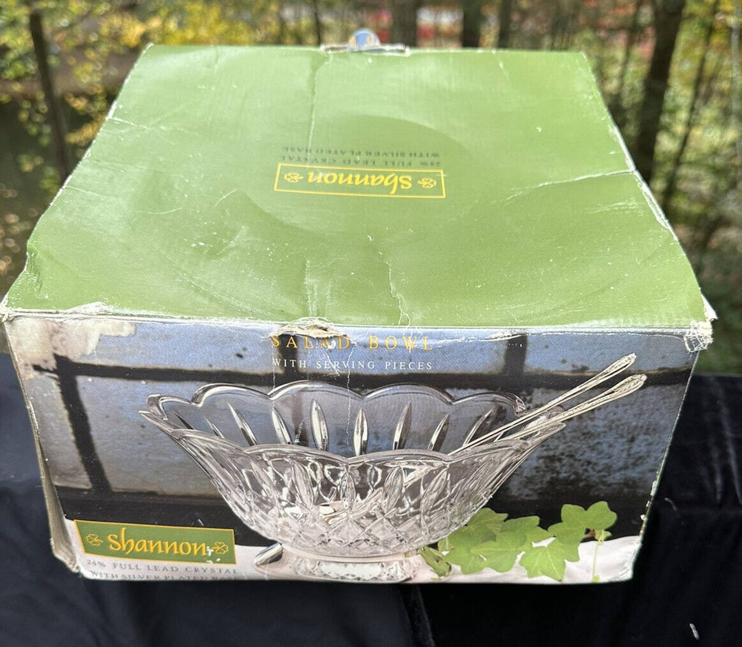 Godinger Serve Ware Shannon Crystal Salad Bowl Silver Base & Servers 24 ...