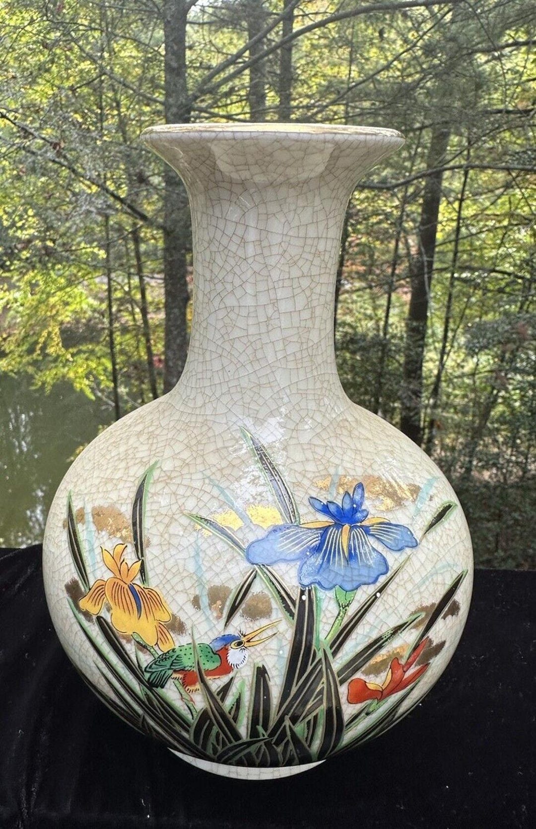 Toyo Japanese Vase Gold Trim Floral Iris Flowers Kingfisher Bird Blue 8 ...