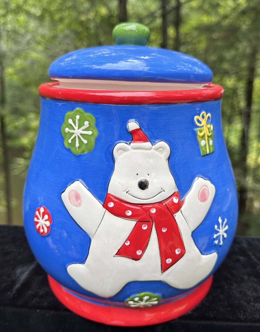 Macy's Hand Painted 9” Polar Bear Christmas Canister Cookie Jar Sealed ...