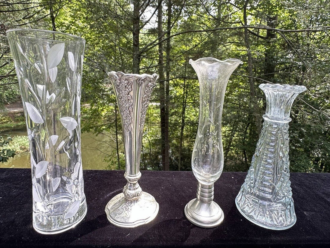 4 Vintage Stunning Bud Vases Empire Pewter , Cut Glass , Silver Plate ...