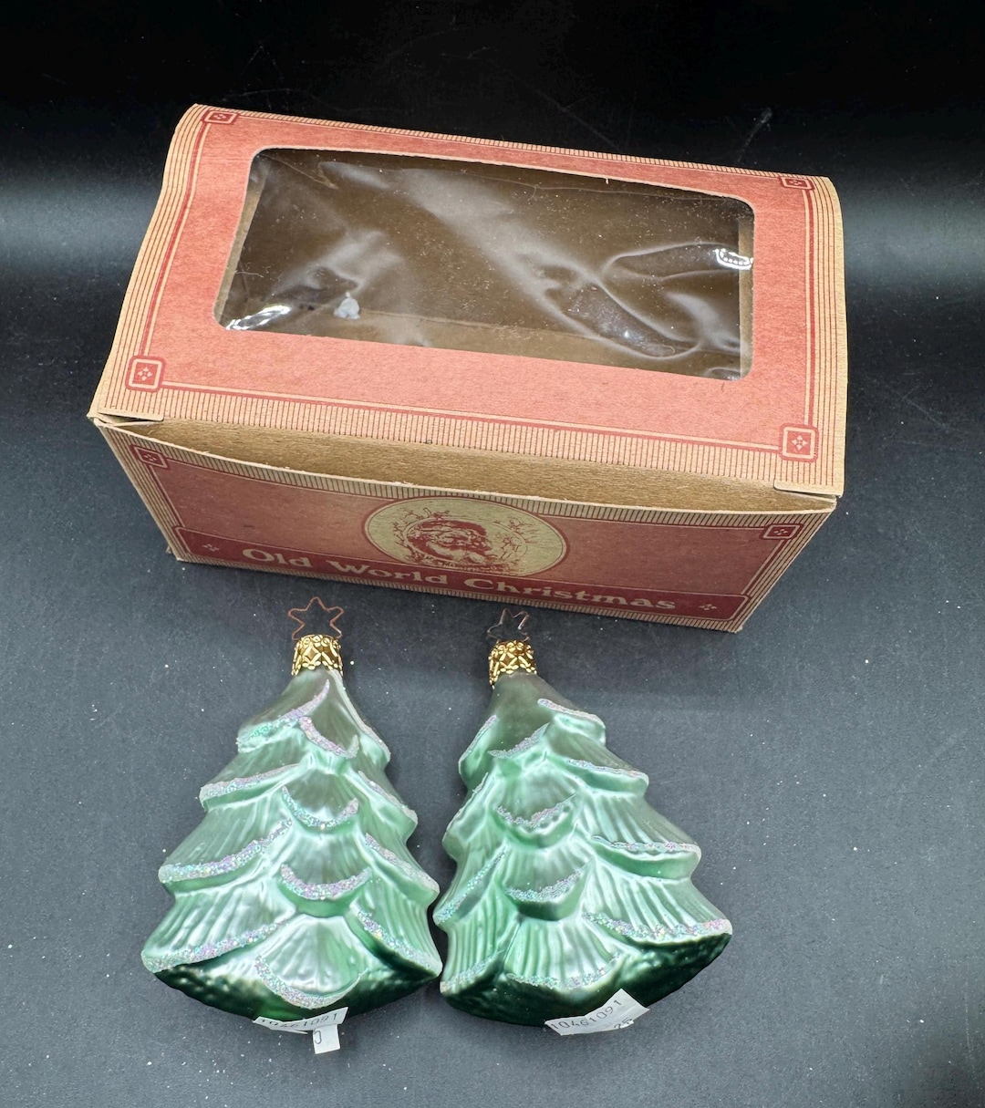 2 Merck Familys Old World Christmas Snow Frosted Christmas Pine Tree ...