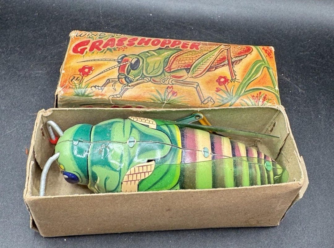 RARE Vintage T.N. Japan Metal Wind-up Grasshopper Toy Original Box ...