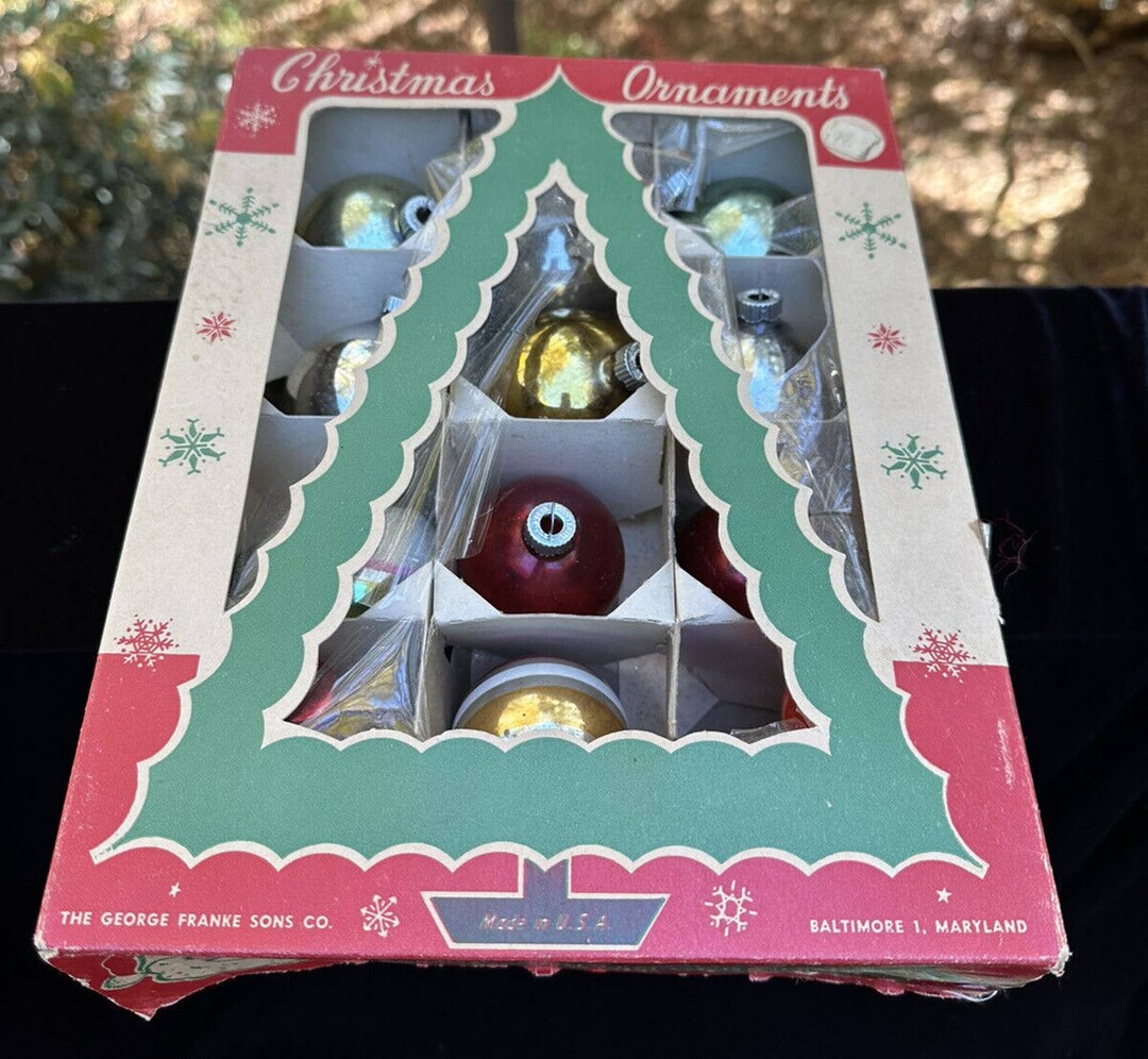Vintage Glass Mica Ornaments Cute Franke Box All Marked Shiney Btite ...