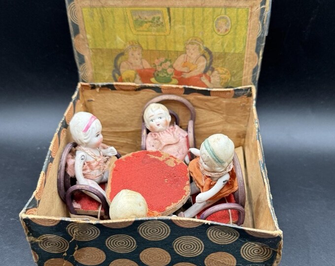 Very Rare Antique 3” Bisque Doll Tea Party 4 Dolls Table & Chairs Mint ...