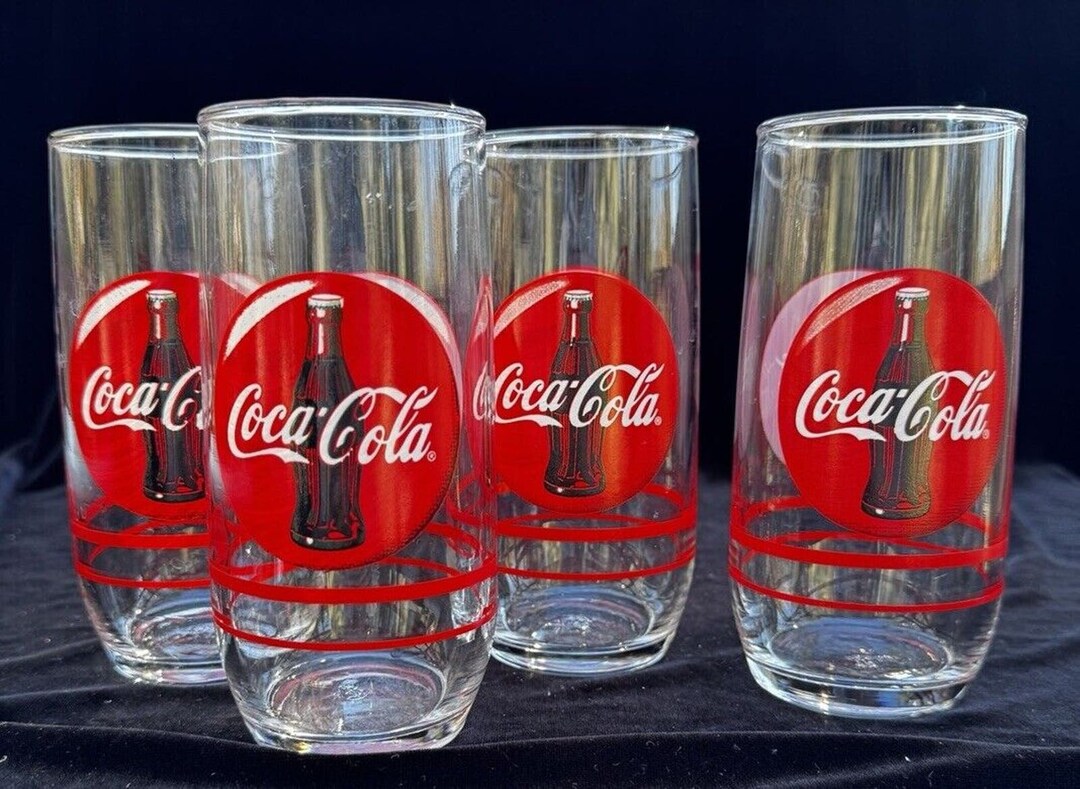 4 Coca-cola Drinking Glasses With Stripes Large Coke Bottle Logo Anchor ...