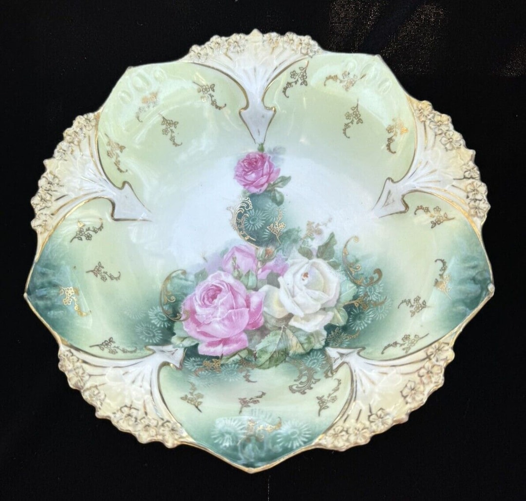 Antique 1891 R.S. Prussia Footed & Sculpted Gilded Bowl Rose Design 7. ...