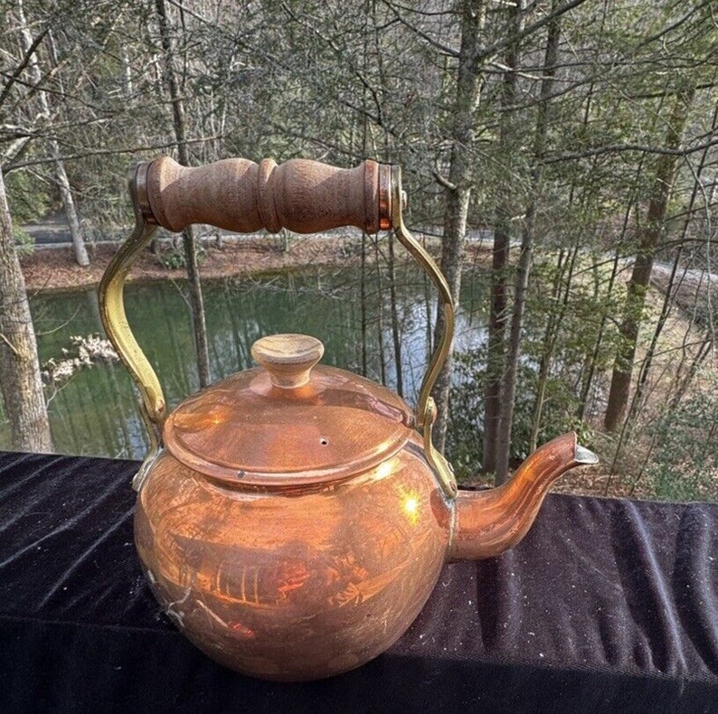 Vtg Tagus R50 Portugal Copper Coffee Tea Pot Kettle Lid 3 Cup Wood ...
